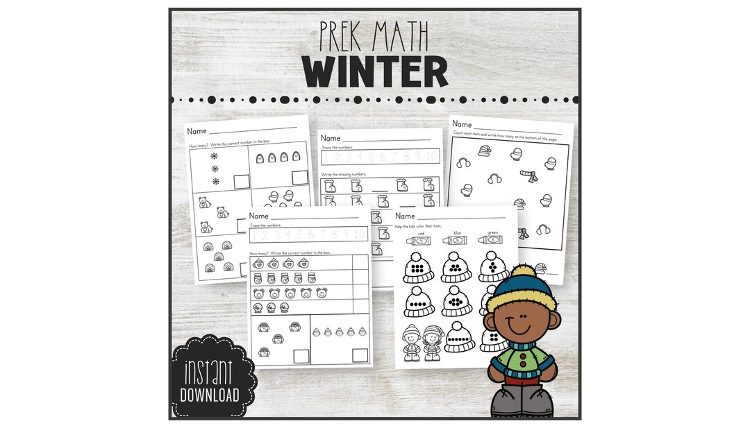 Winter Printable Math Worksheets INSTANT DOWNLOAD Preschool Counting ...