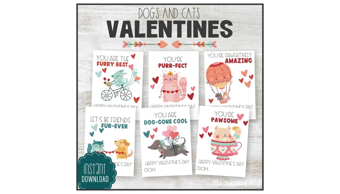 Printable Valentine Cards Cats and Dogs INSTANT DOWNLOAD Kids Digital ...