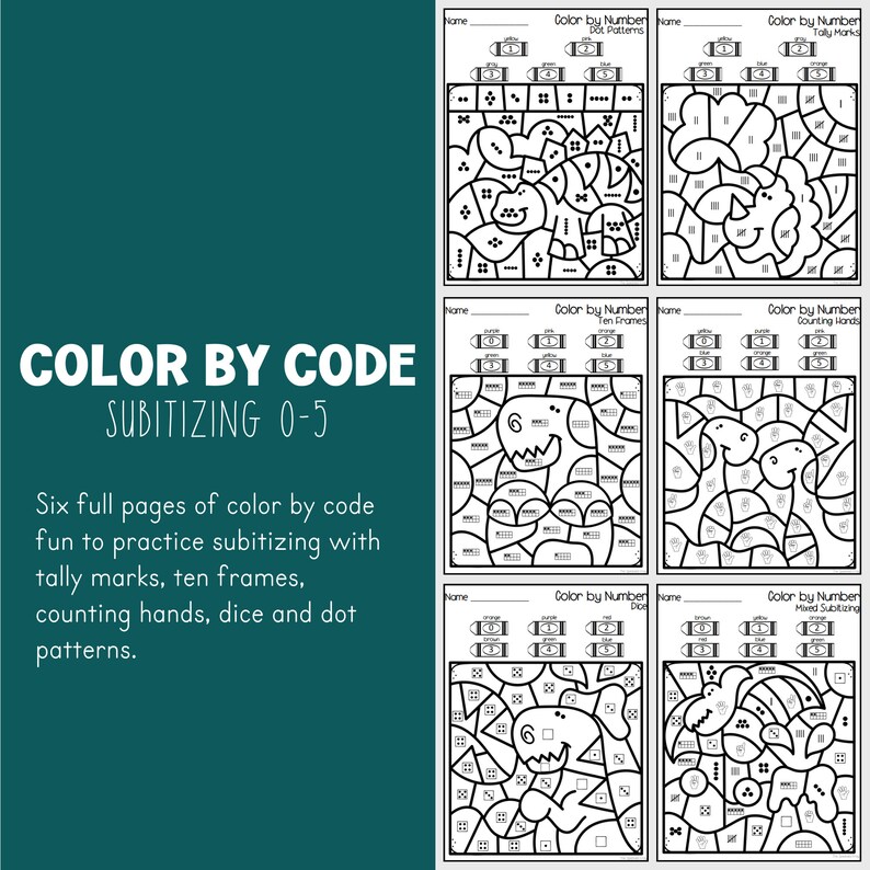Kindergarten Worksheets Color by Number INSTANT DOWNLOAD, Subitizing ...