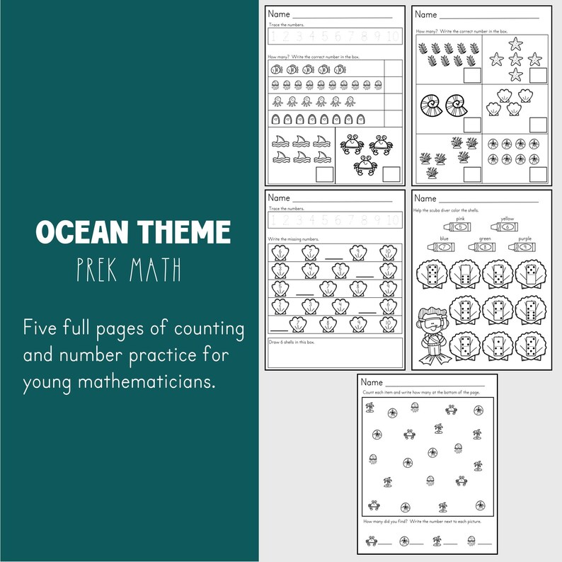 Printable Ocean Math Worksheets INSTANT DOWNLOAD Preschool Counting ...