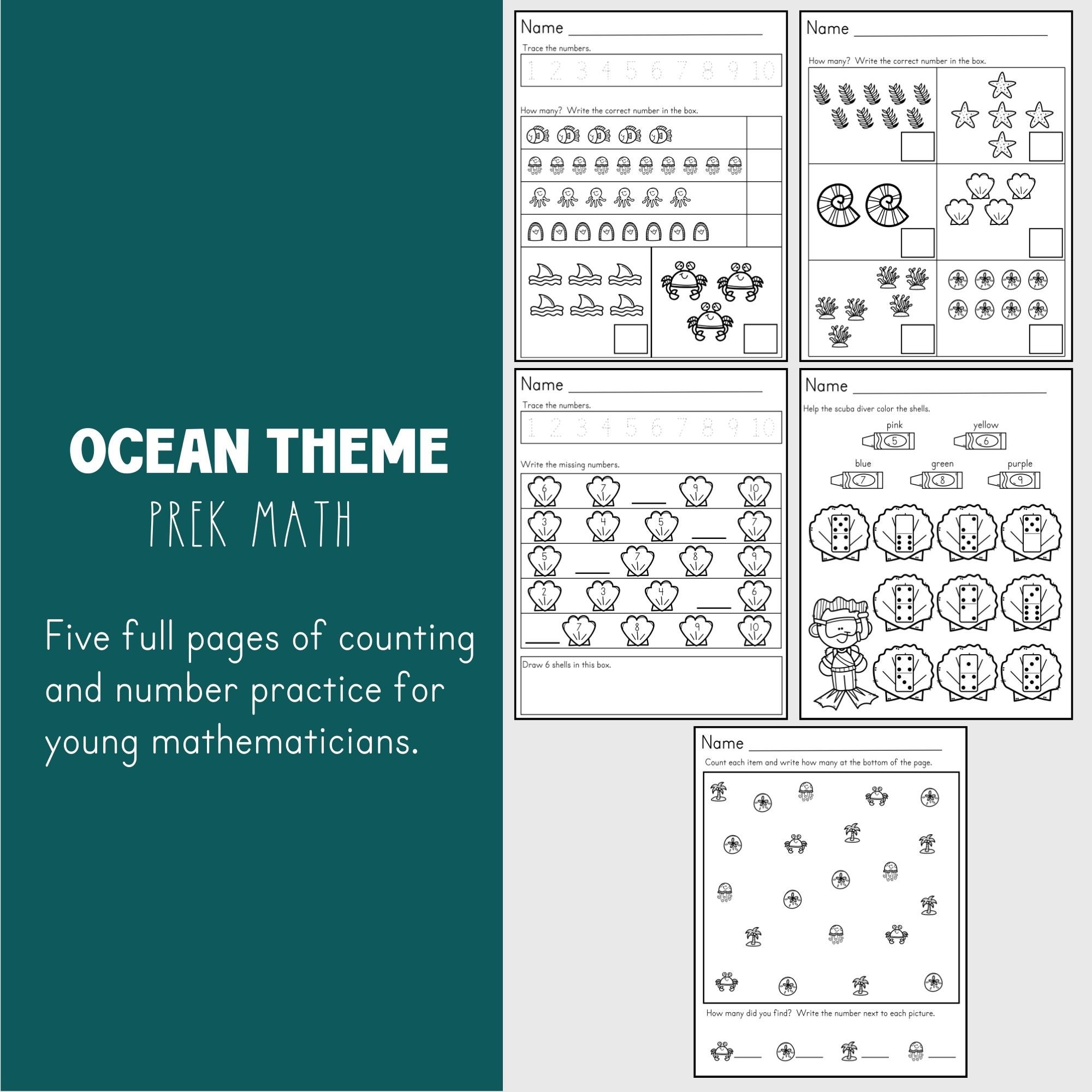 Printable Ocean Math Worksheets INSTANT DOWNLOAD Preschool Counting ...