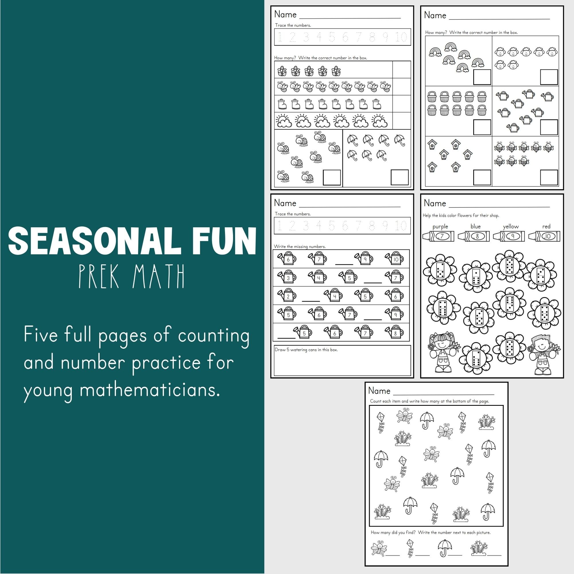 Printable Spring Math Worksheets INSTANT DOWNLOAD Preschool Counting ...