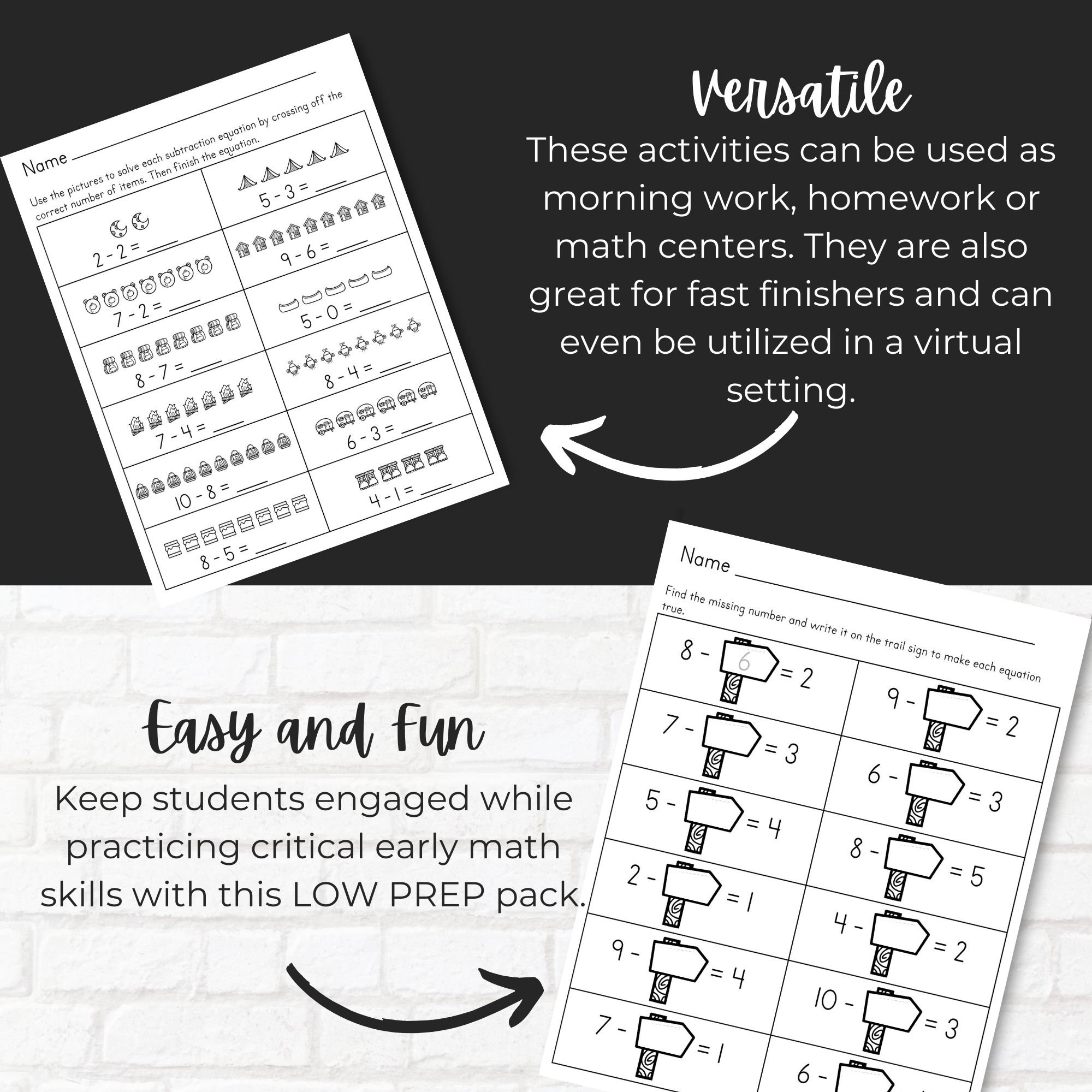 Printable Subtraction Worksheets Camping Theme Kindergarten Math ...