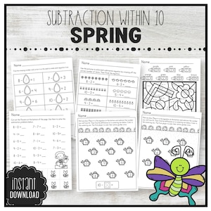Printable Kindergarten Subtraction Worksheets Spring Math | INSTANT ...