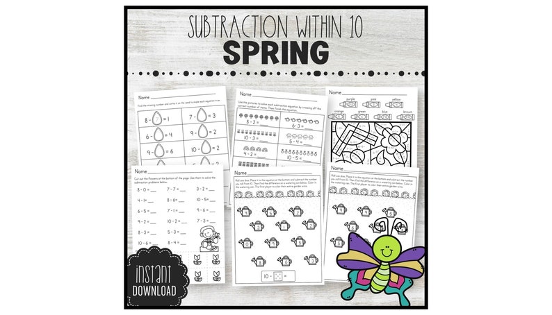 Printable Kindergarten Subtraction Worksheets Spring Math | INSTANT ...