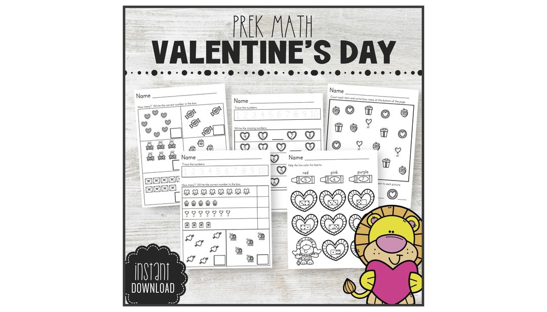 Preschool Printable Math Worksheets INSTANT DOWNLOAD Valentine's Day ...