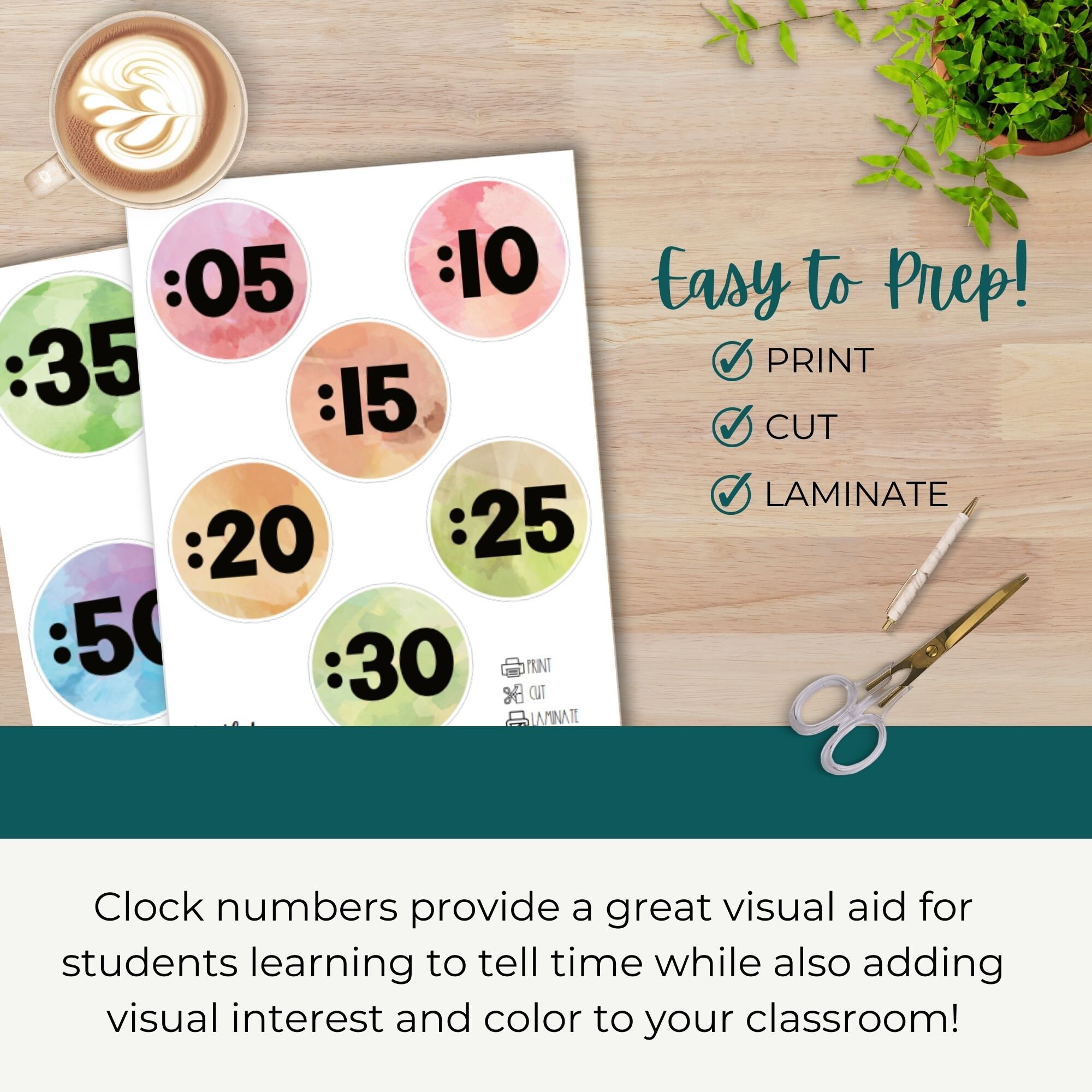 Clock Numbers Printable INSTANT DOWNLOAD, Watercolor Theme Rainbow ...