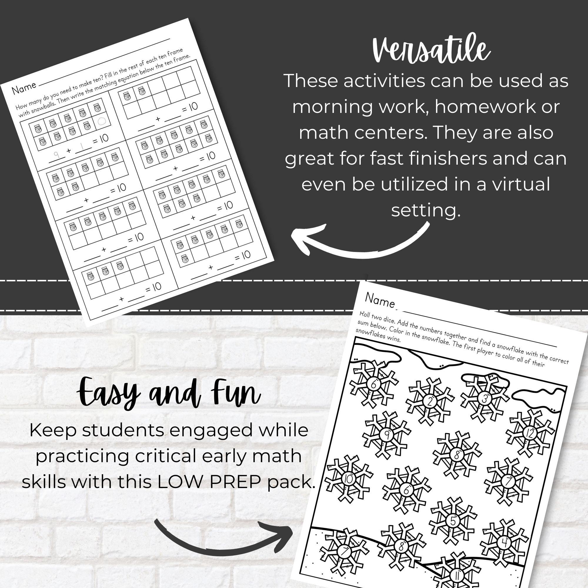Printable Winter Math Activities, INSTANT DOWNLOAD, Kindergarten ...