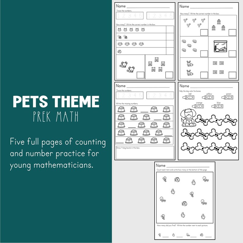 Preschool Printable Math Worksheets INSTANT DOWNLOAD Pets Counting 1-5 ...