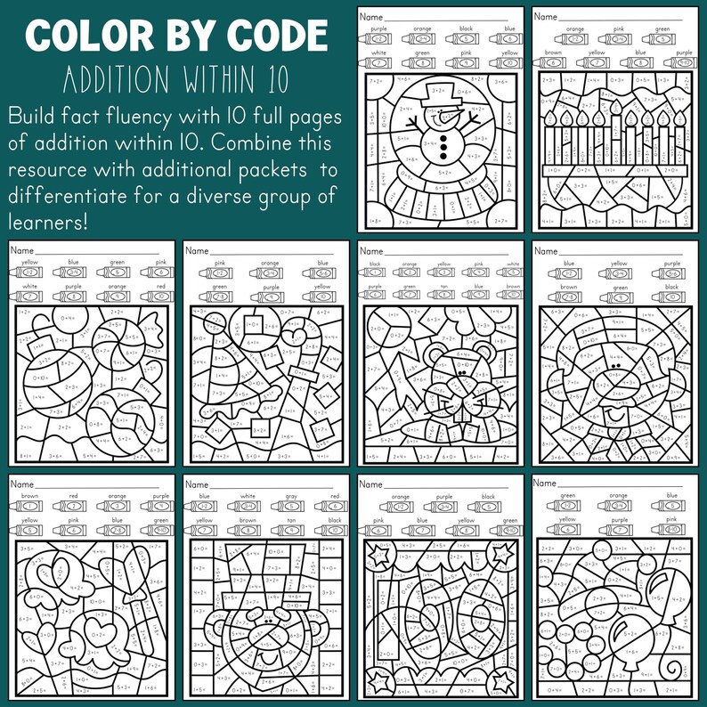 Printable Winter Holiday Color by Number INSTANT DOWNLOAD, Addition ...