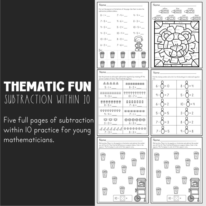 Printable Subtraction Worksheets Cirucs Theme Kindergarten Math ...