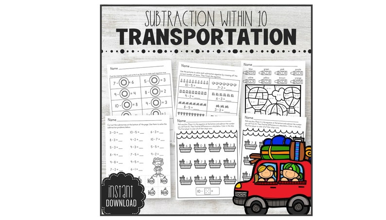 Printable Subtraction Worksheets Transportation Theme Kindergarten Math ...