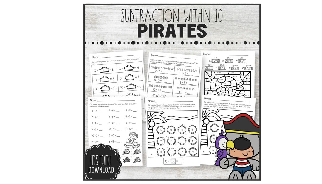Printable Subtraction Worksheets Pirate Theme Kindergarten Math ...