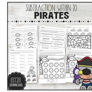 Printable Subtraction Worksheets Pirate Theme Kindergarten Math ...