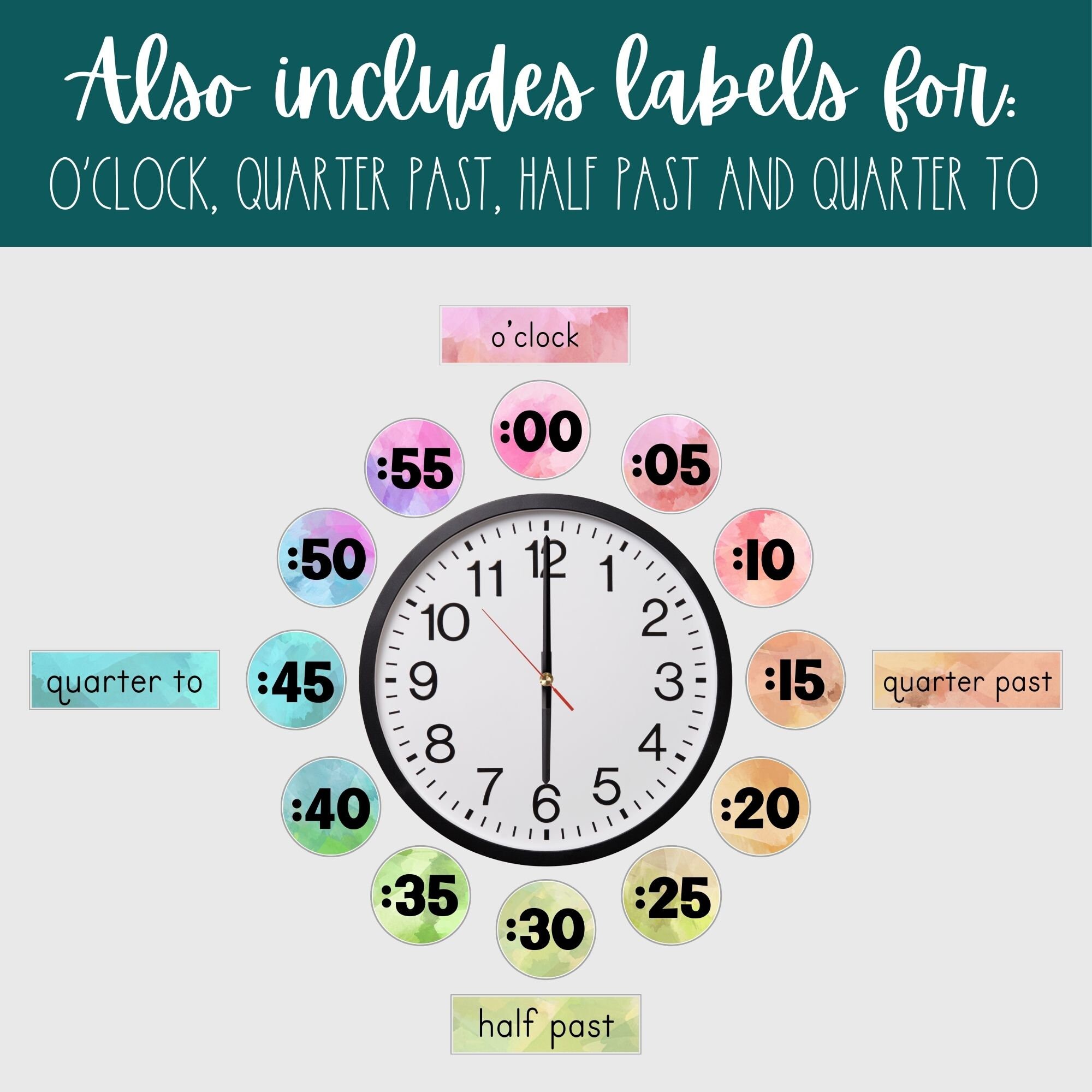 Clock Numbers Printable INSTANT DOWNLOAD, Watercolor Theme Rainbow ...