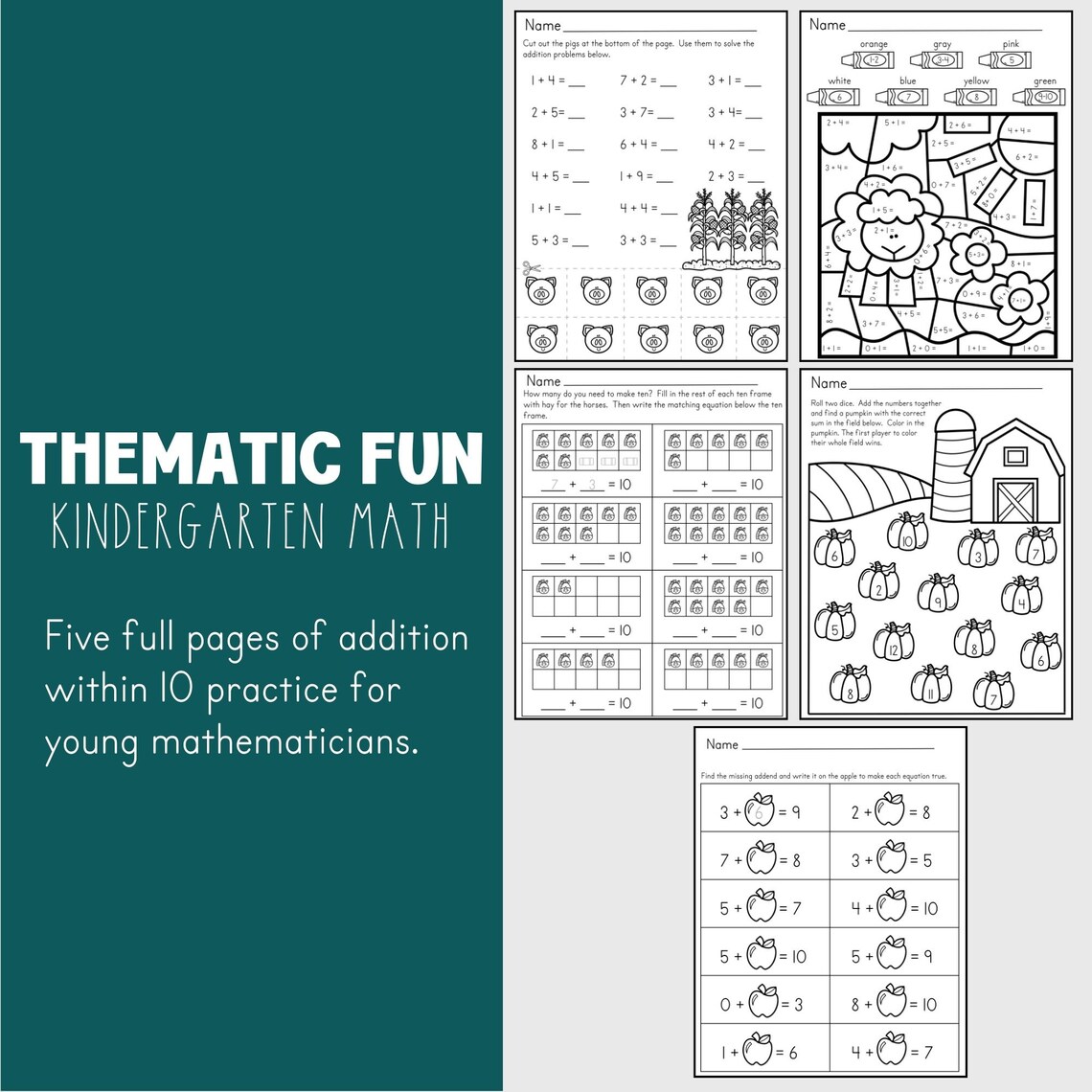Math Activity Sheets Farm Animal Theme INSTANT DOWNLOAD Kindergarten ...