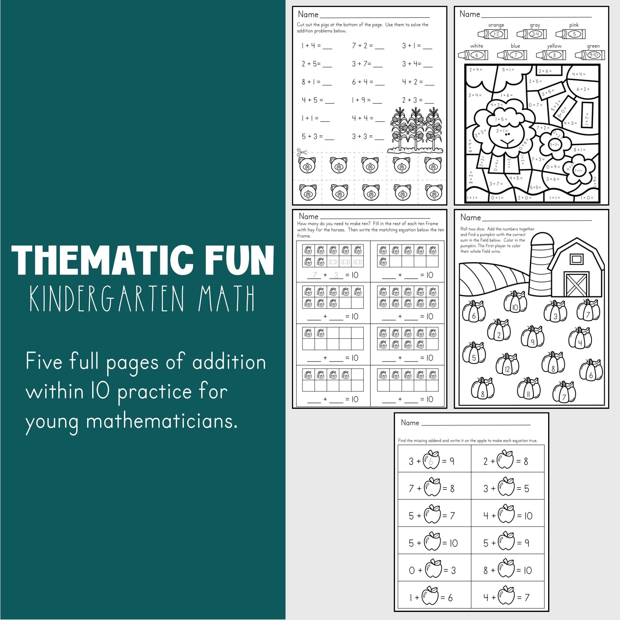 Math Activity Sheets Farm Animal Theme INSTANT DOWNLOAD Kindergarten ...