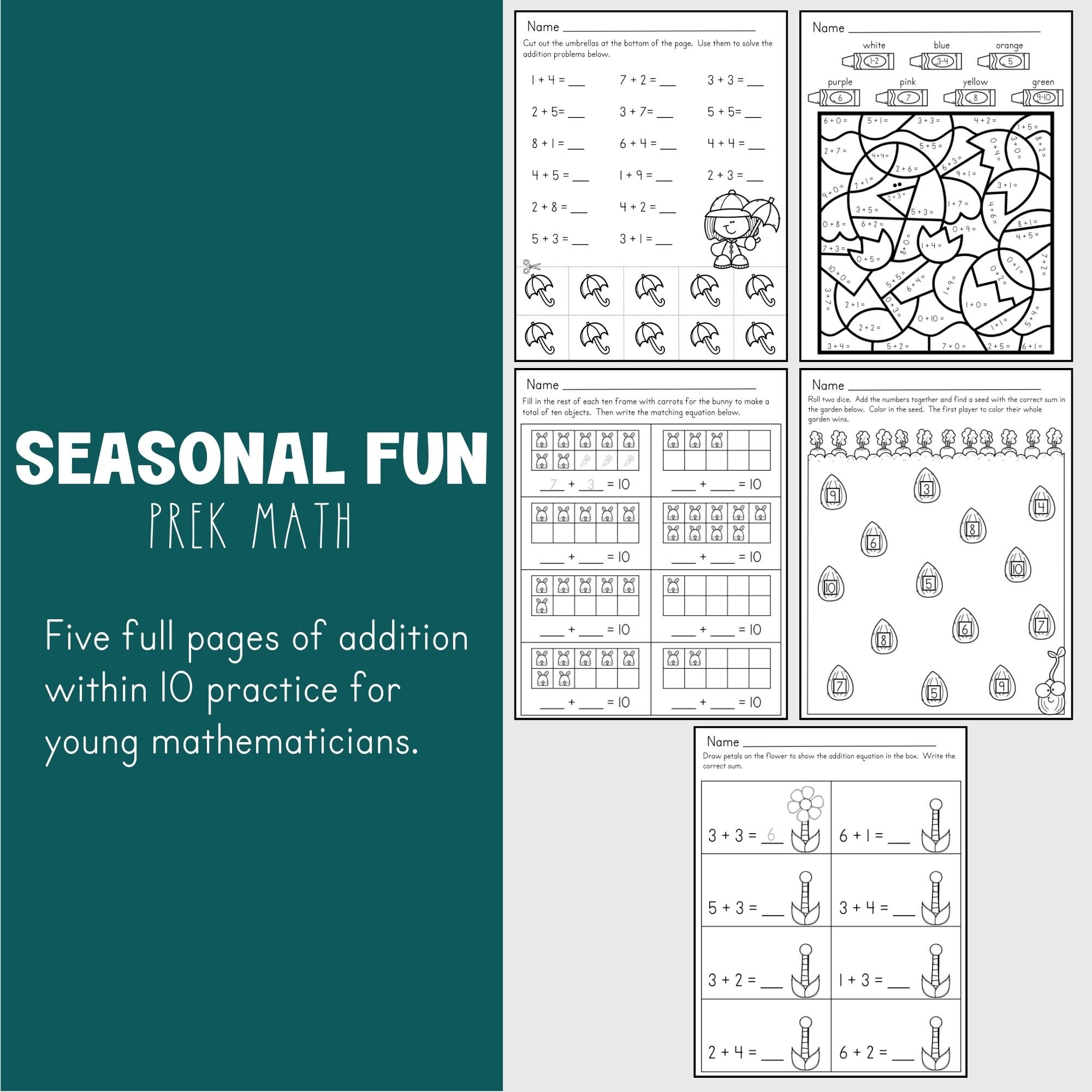 Spring Activity Sheets Math INSTANT DOWNLOAD Kindergarten Printable ...