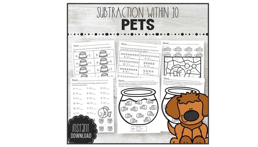 Printable Subtraction Worksheets Pets Theme Kindergarten Math, INSTANT ...