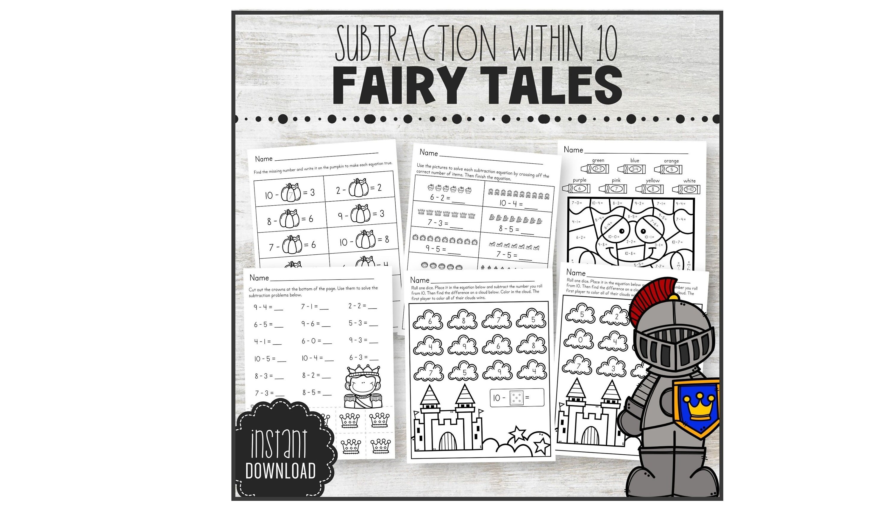 Printable Subtraction Worksheets Fairy Tale Theme Kindergarten Math ...