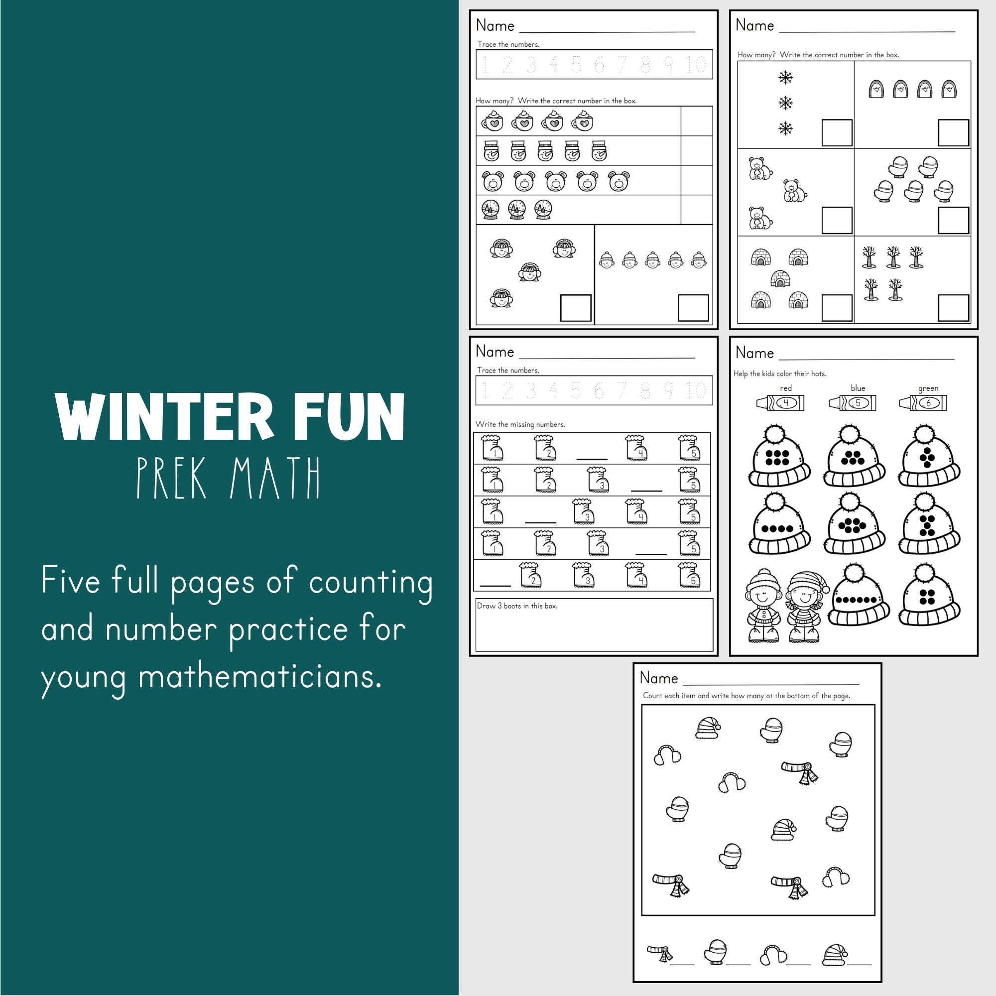 Winter Printable Math Worksheets INSTANT DOWNLOAD Preschool Counting ...