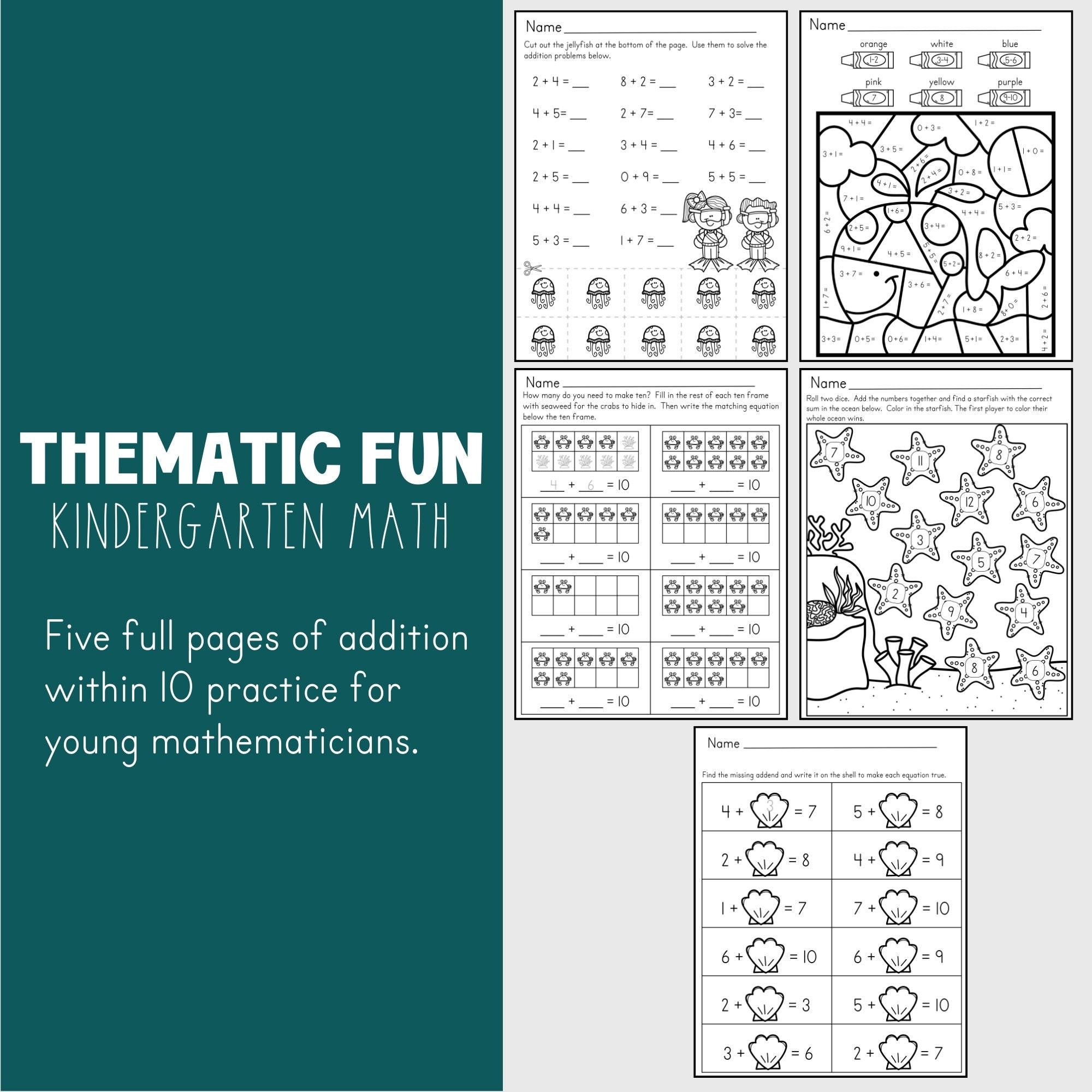 Math Activity Sheets Ocean Animal Theme INSTANT DOWNLOAD Kindergarten ...