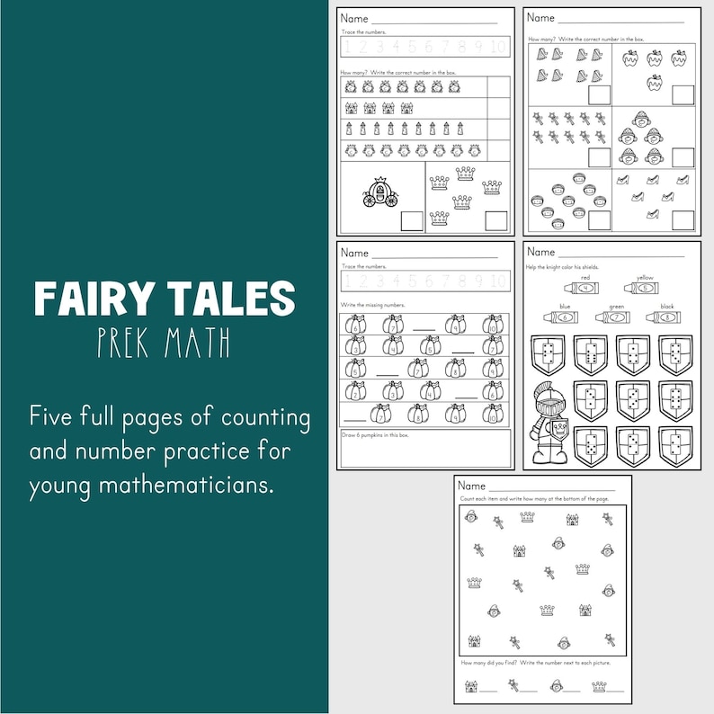 Preschool Printable Math Worksheets INSTANT DOWNLOAD Fairy Tales ...