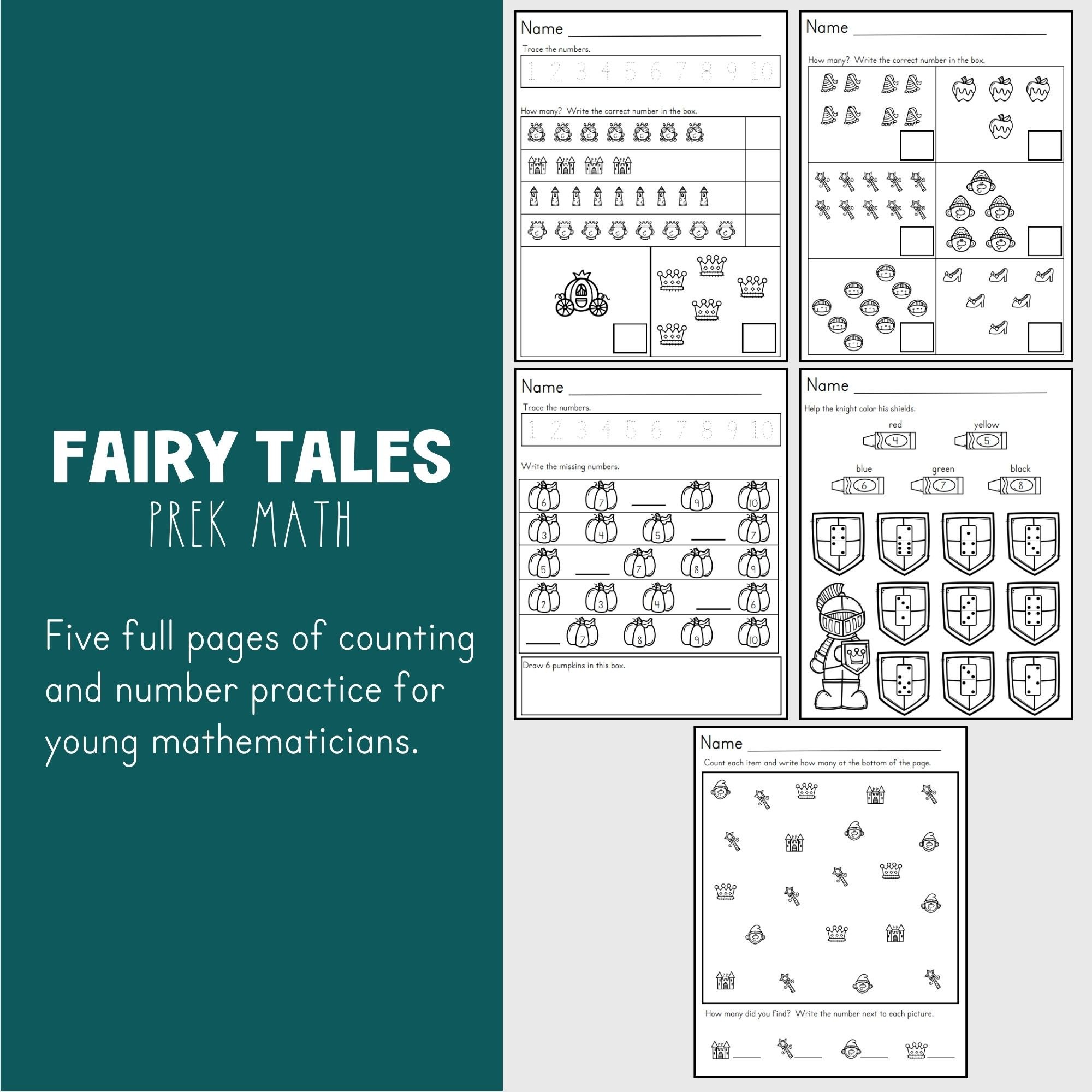Preschool Printable Math Worksheets INSTANT DOWNLOAD Fairy Tales ...