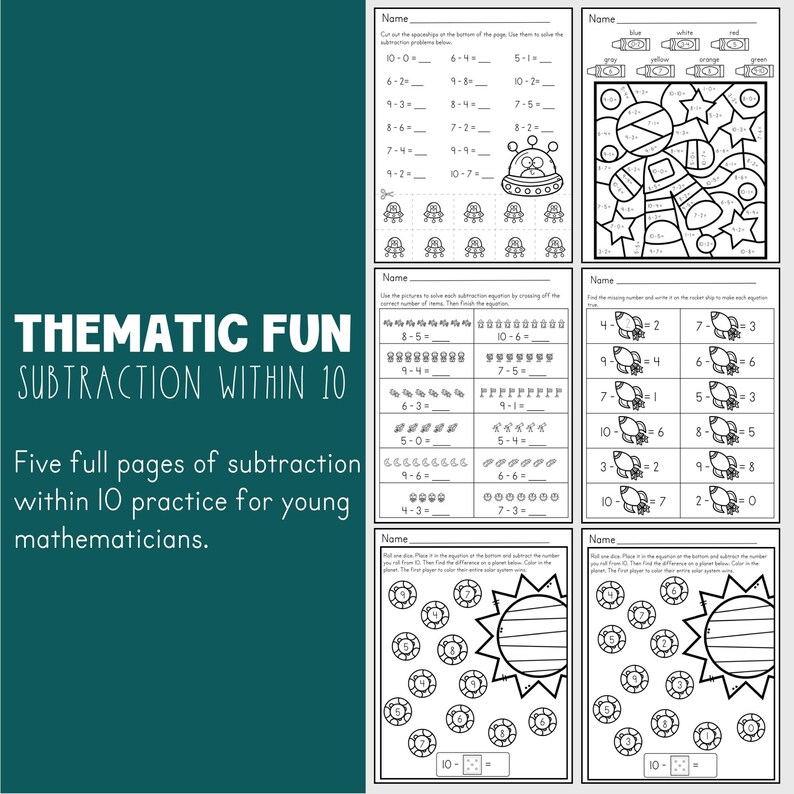 Printable Subtraction Worksheets Space Theme | Kindergarten Math ...