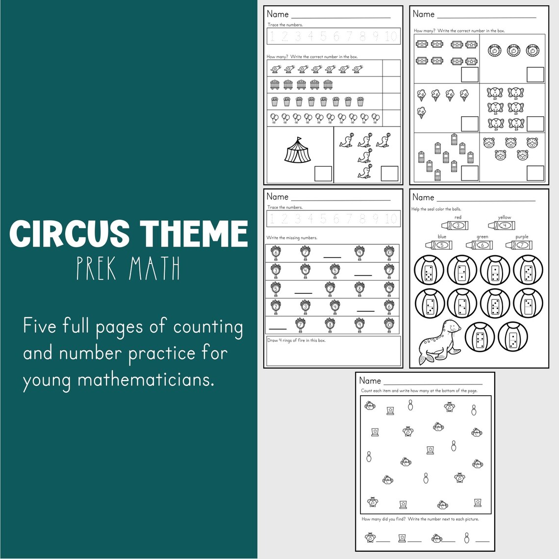 Printable Circus Math Worksheets INSTANT DOWNLOAD Preschool Counting ...