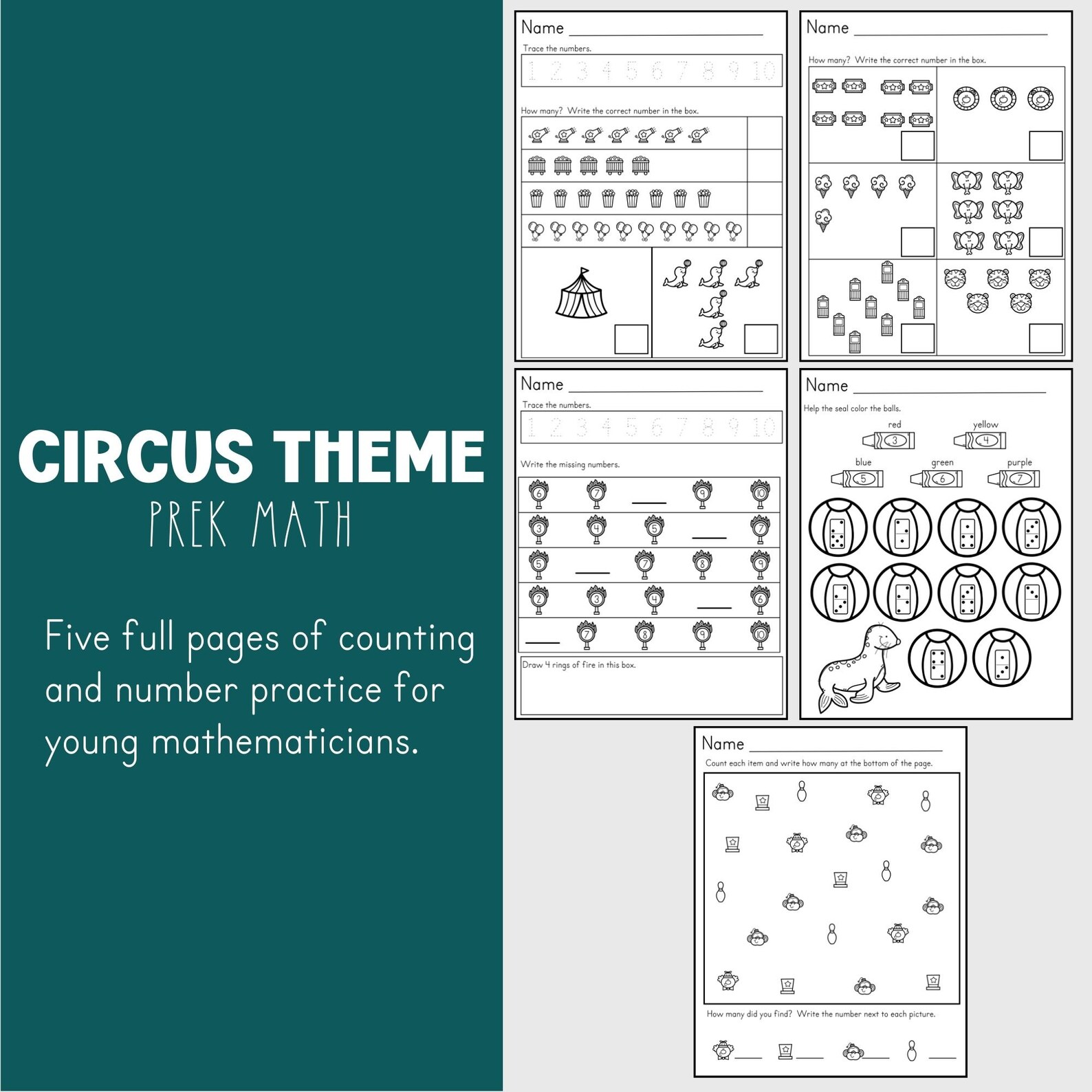 Printable Circus Math Worksheets INSTANT DOWNLOAD Preschool Counting ...
