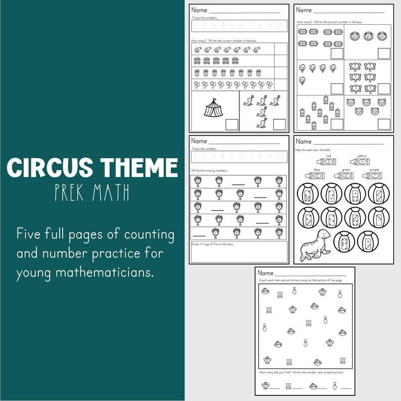 Printable Circus Math Worksheets INSTANT DOWNLOAD Preschool Counting ...