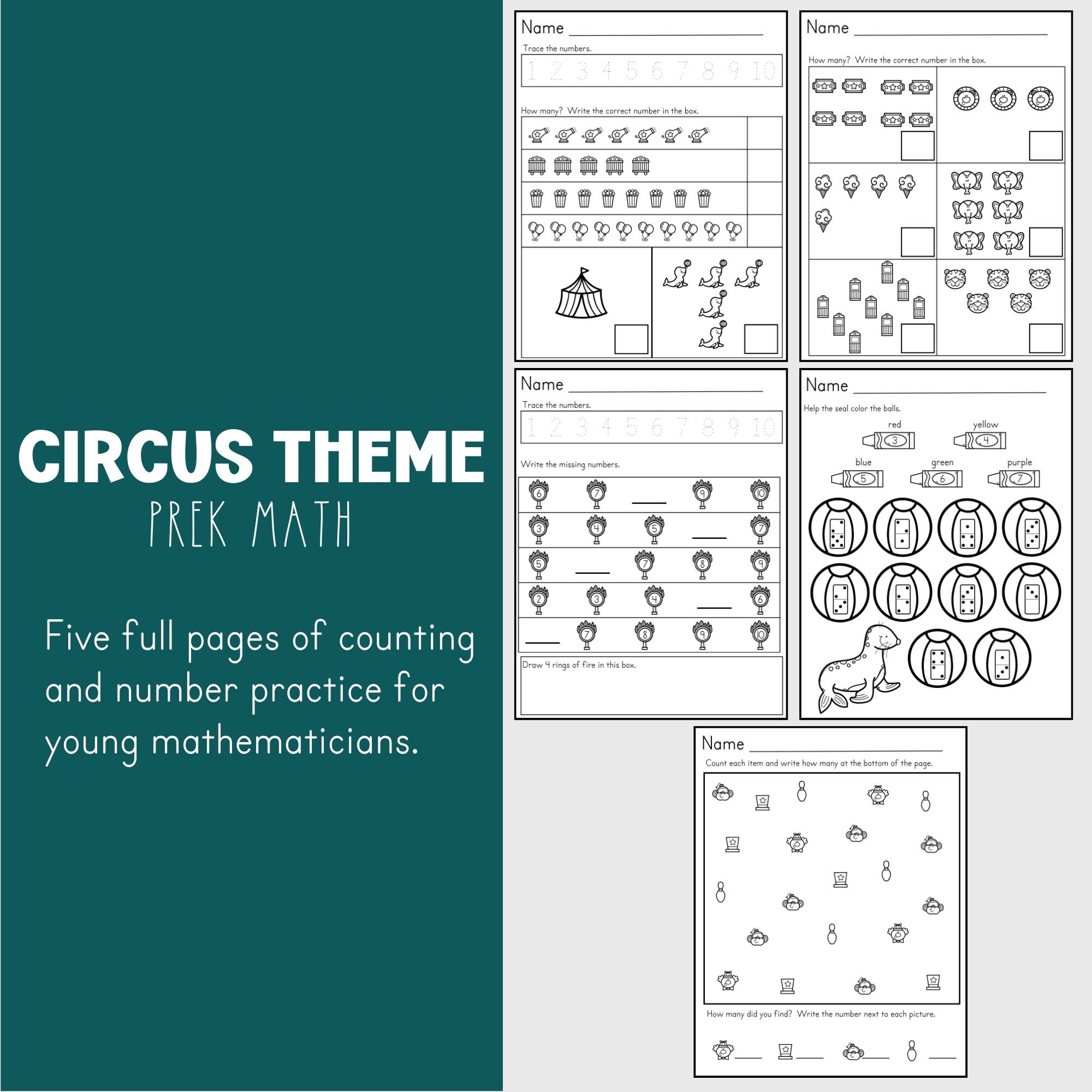 Printable Circus Math Worksheets INSTANT DOWNLOAD Preschool Counting ...