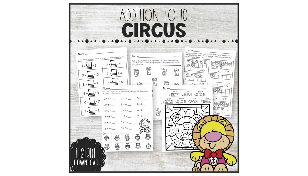 Math Activity Sheets Circus Animals Theme INSTANT DOWNLOAD Kindergarten ...