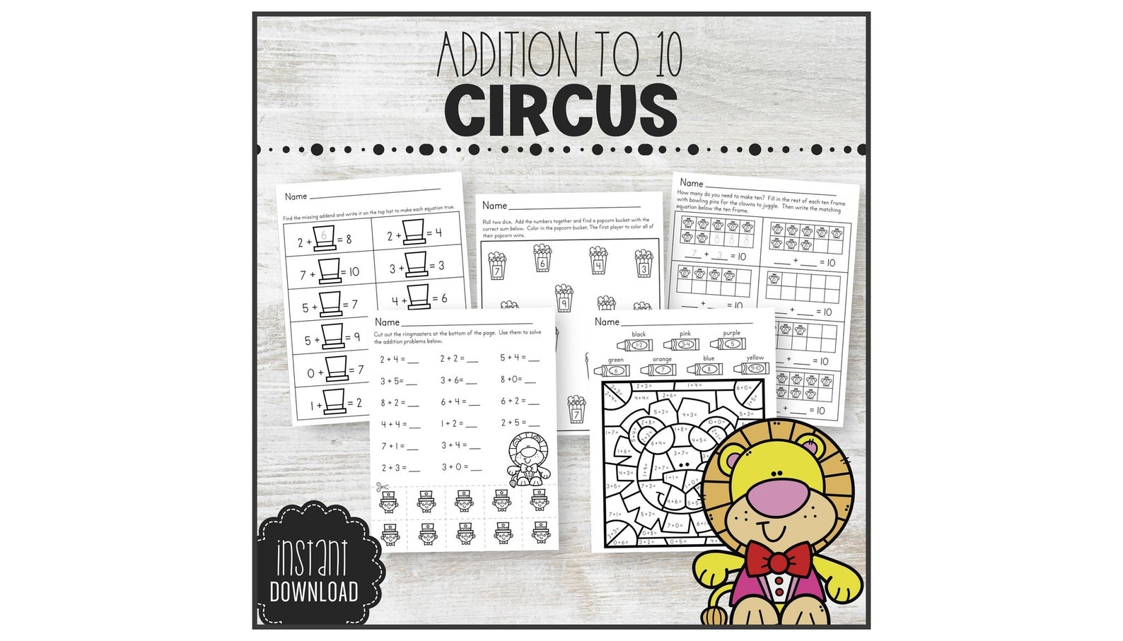 Math Activity Sheets Circus Animals Theme INSTANT DOWNLOAD Kindergarten ...