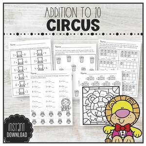 Math Activity Sheets Circus Animals Theme INSTANT DOWNLOAD Kindergarten ...