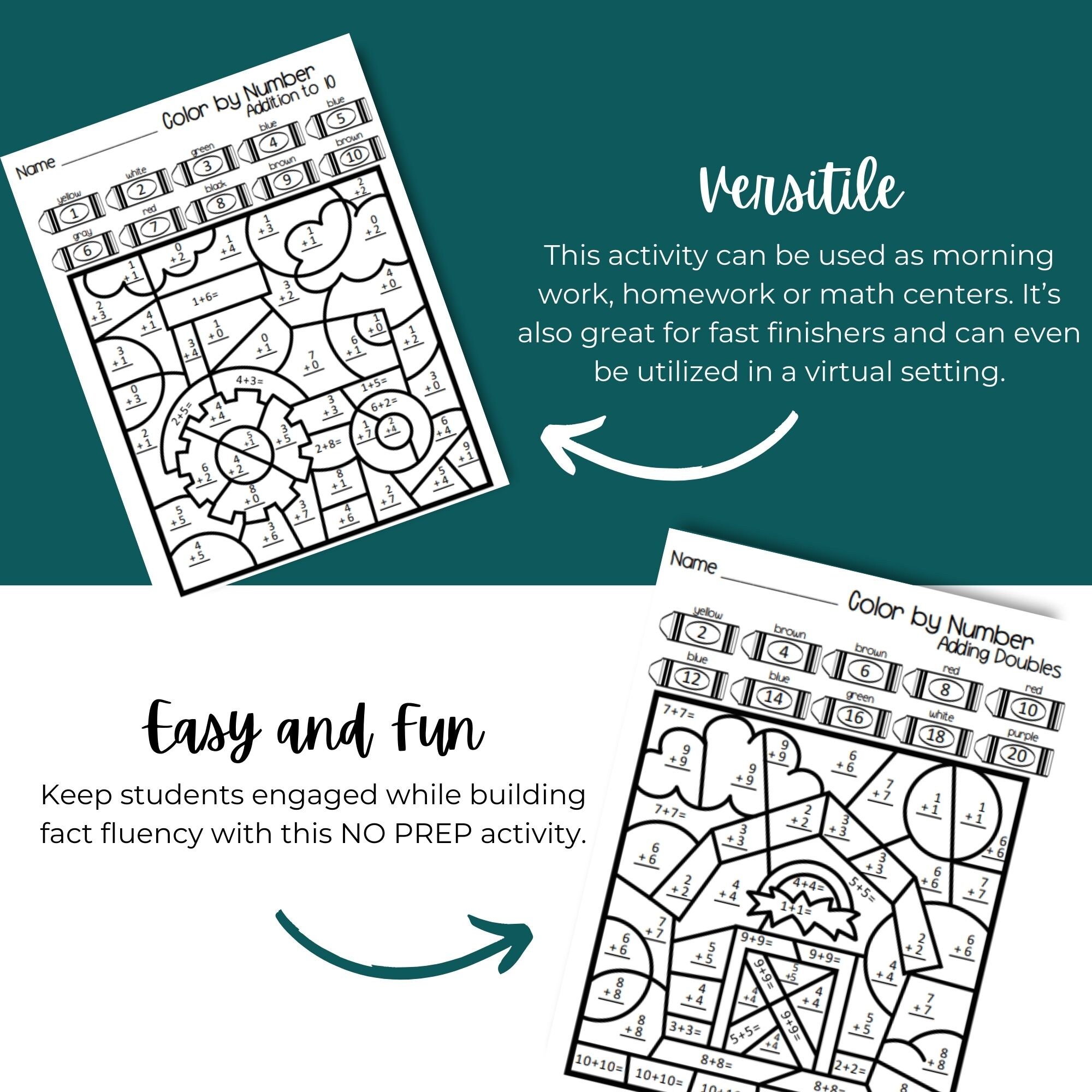 Printable Kindergarten First Grade Math Worksheets Color by Number ...