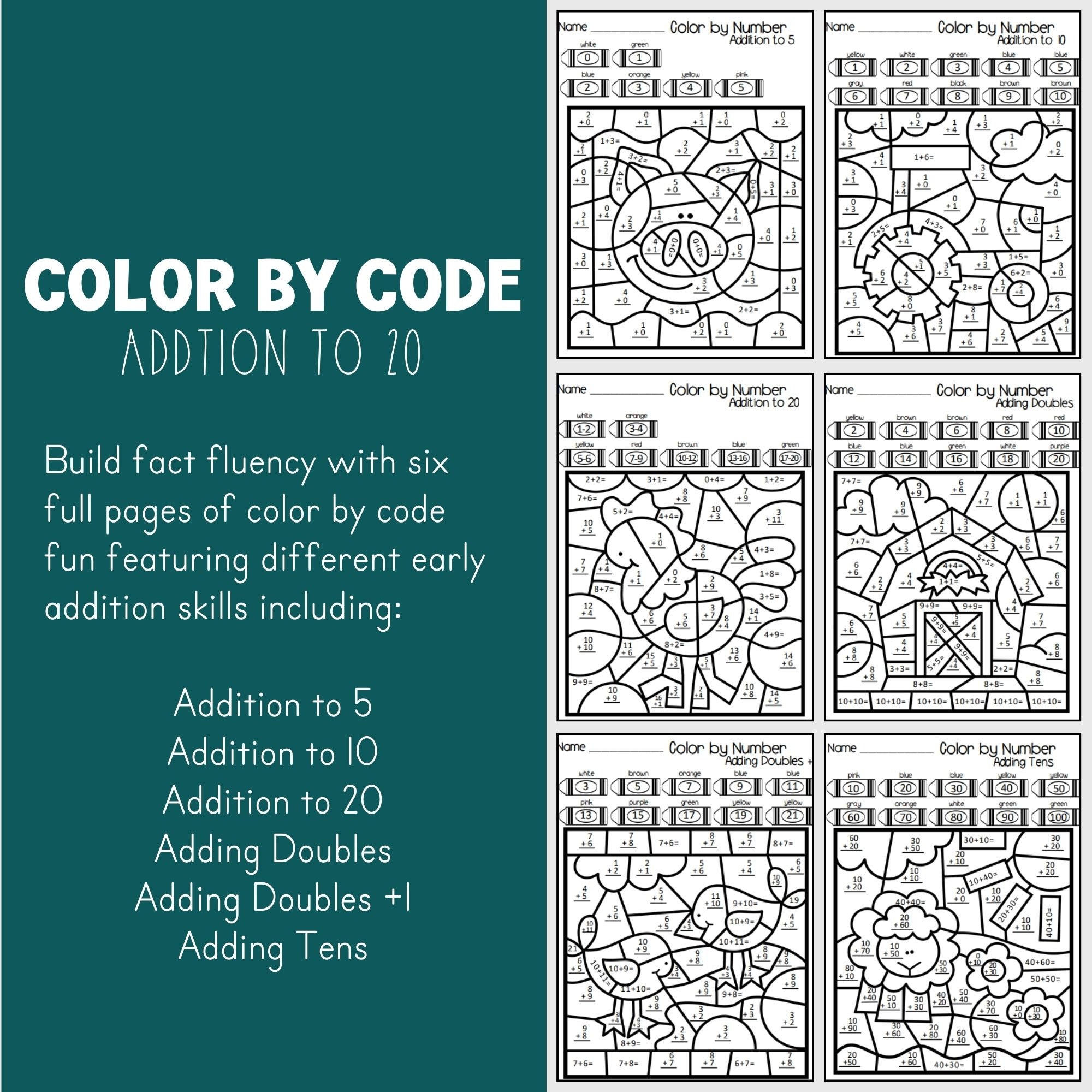 Printable Kindergarten First Grade Math Worksheets Color by Number ...