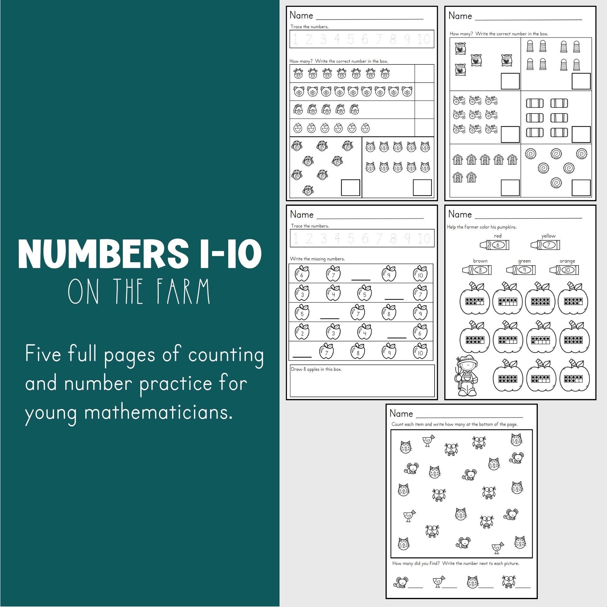 Preschool Printable Math Worksheets INSTANT DOWNLOAD Farm Theme ...