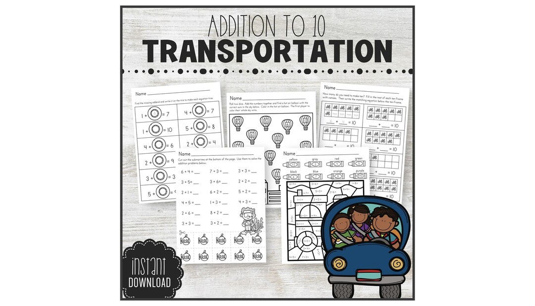 Math Activity Sheets Transportation Theme INSTANT DOWNLOAD Kindergarten ...