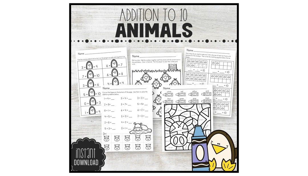 Math Activity Sheets Animals Theme INSTANT DOWNLOAD Kindergarten ...