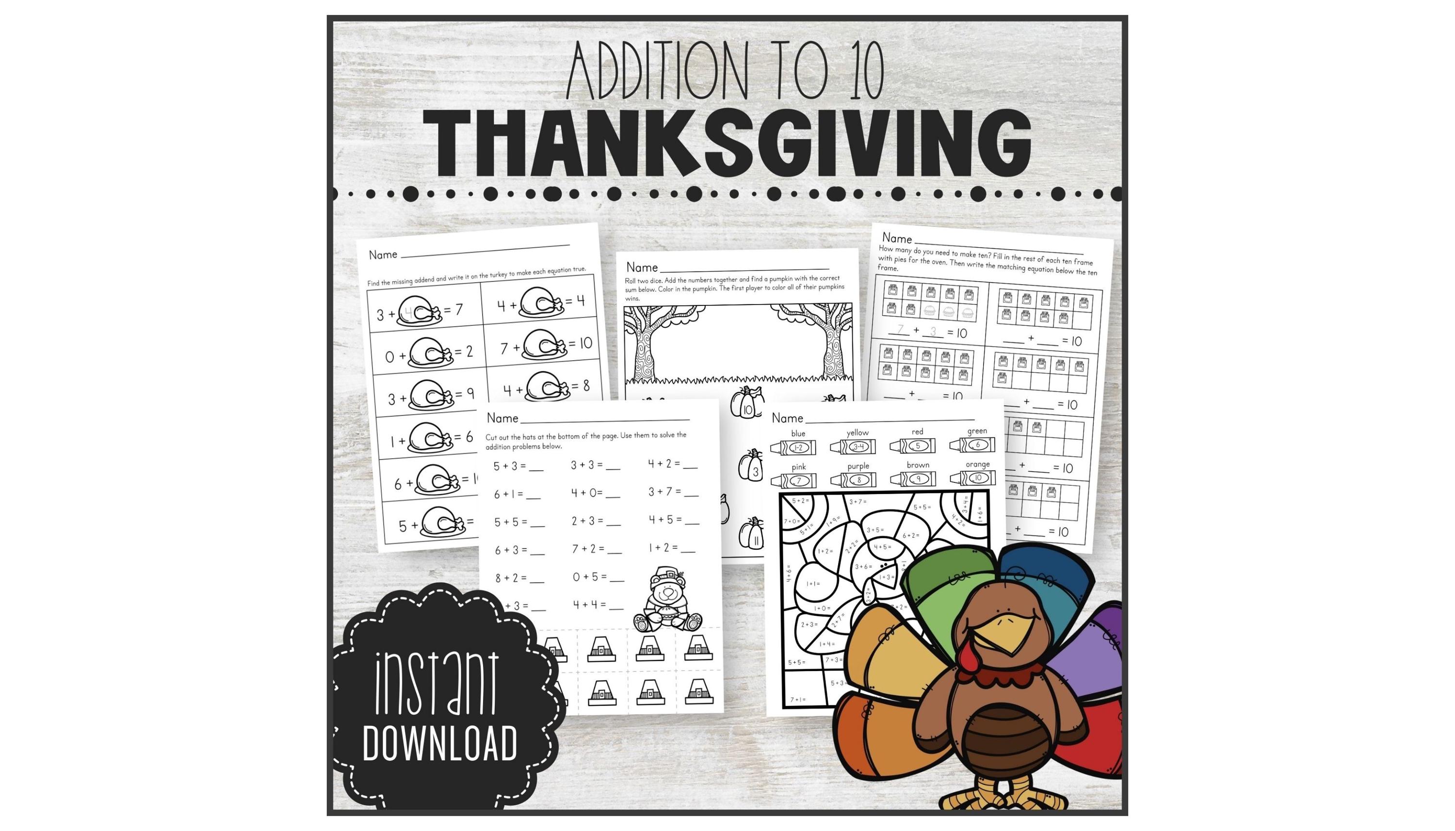 Printable Thanksgiving Math Activities, INSTANT DOWNLOAD, Kindergarten ...