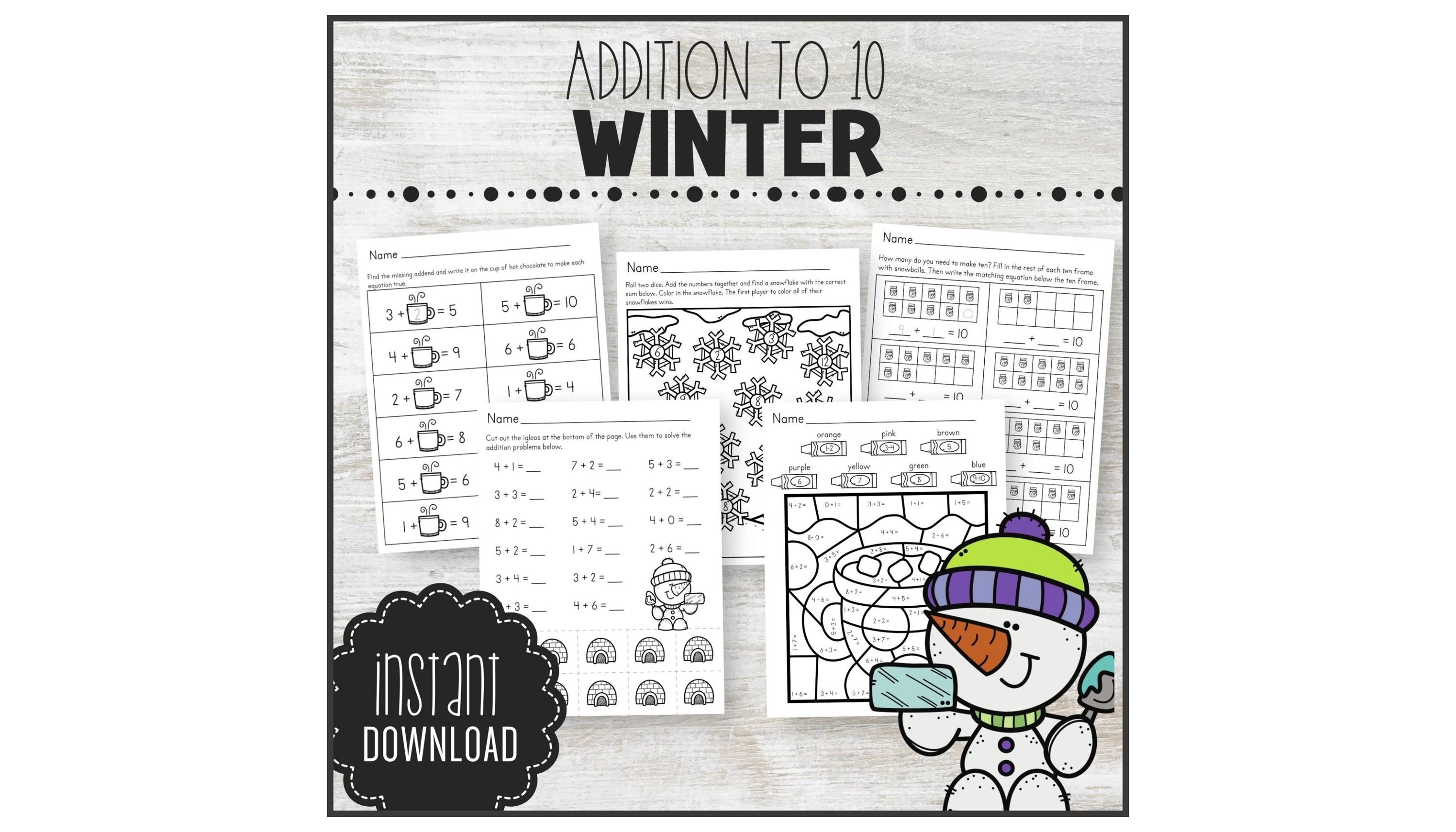 Printable Winter Math Activities, INSTANT DOWNLOAD, Kindergarten ...
