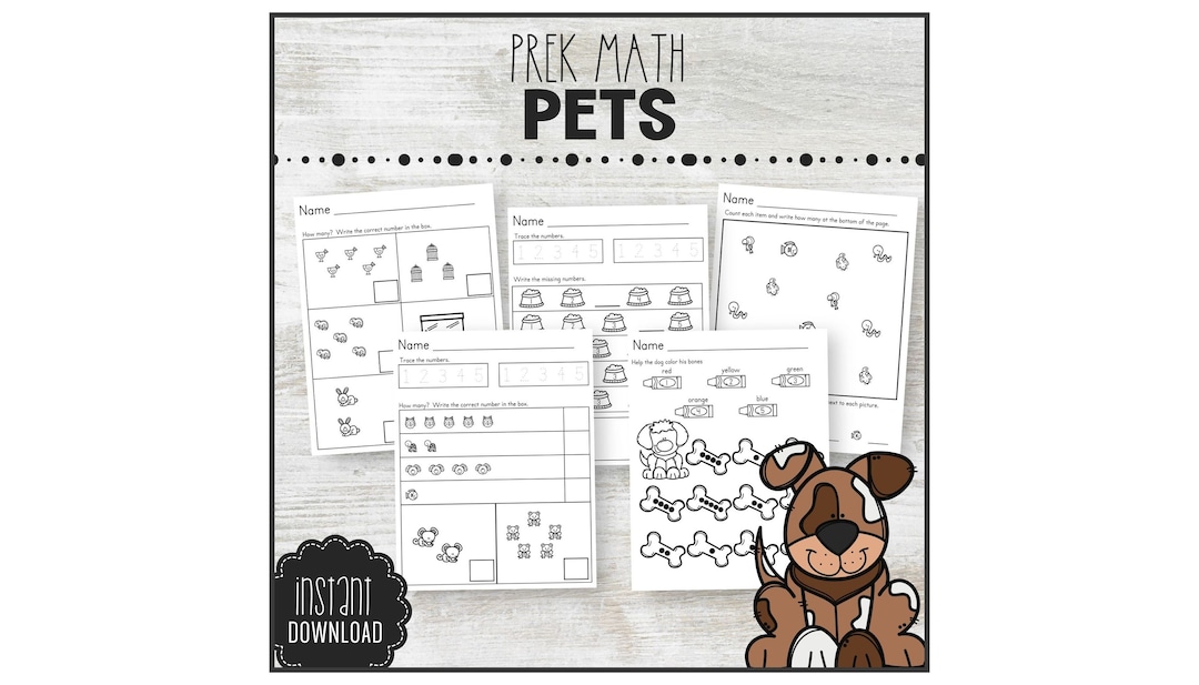 Preschool Printable Math Worksheets INSTANT DOWNLOAD Pets Counting 1-5 ...