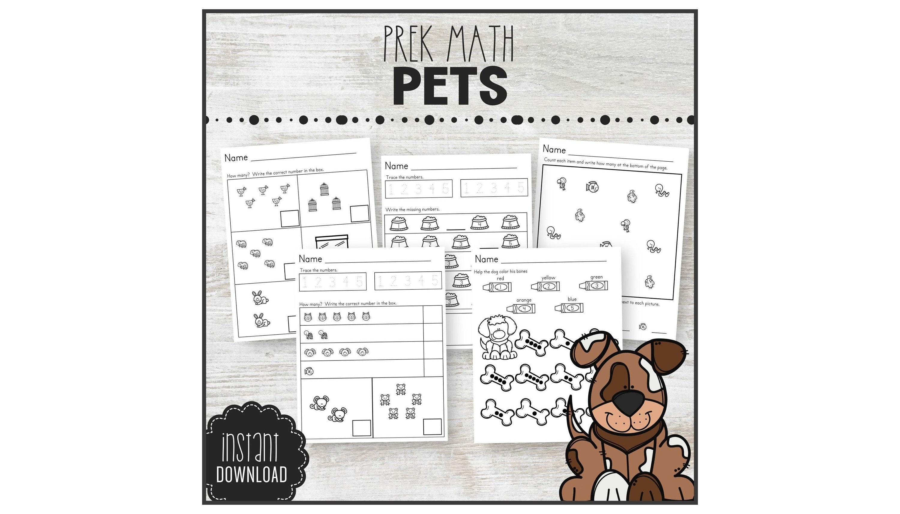 Preschool Printable Math Worksheets INSTANT DOWNLOAD Pets Counting 1-5 ...