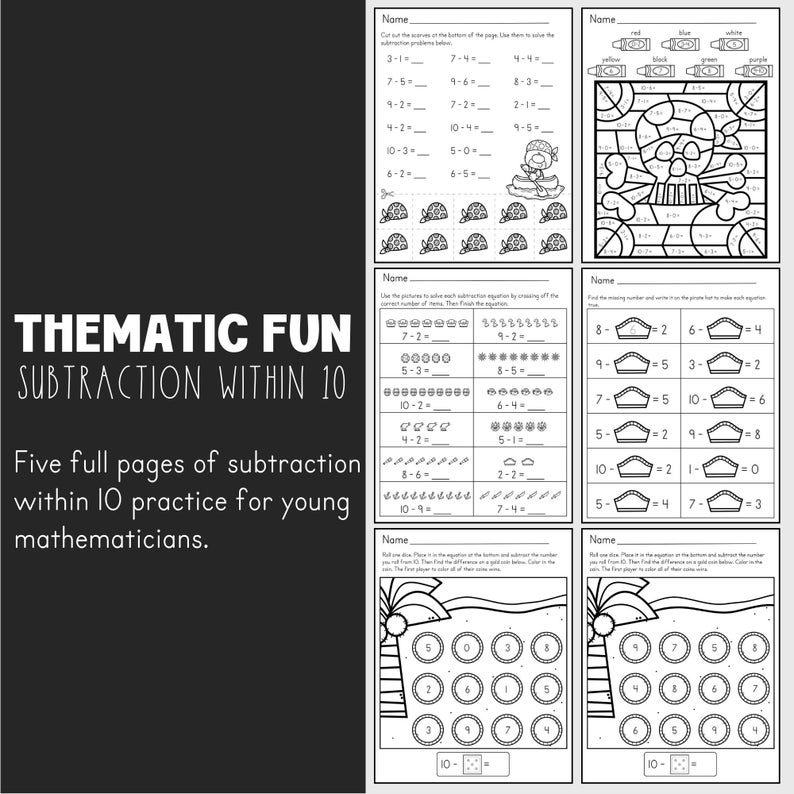 Printable Subtraction Worksheets Pirate Theme Kindergarten Math ...