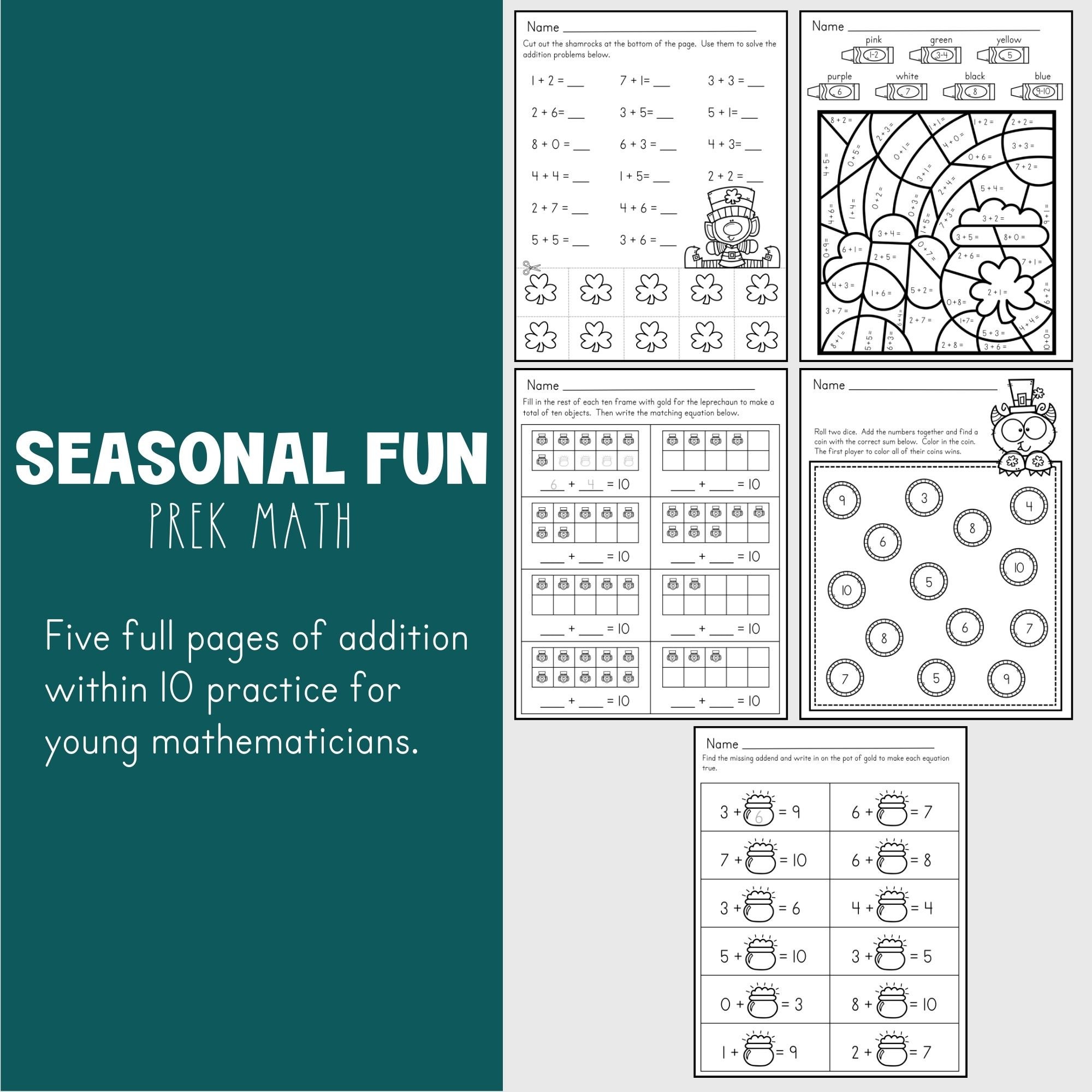 St. Patrick's Day Kindergarten Math Worksheets INSTANT DOWNLOAD ...