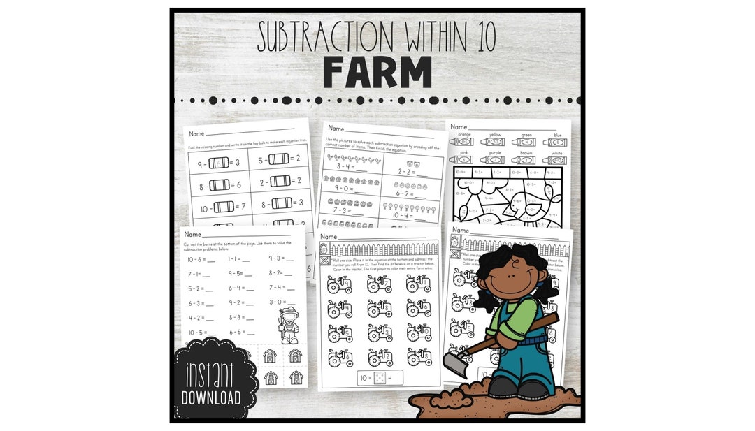 Printable Subtraction Worksheets Farm Theme | Kindergarten Math ...