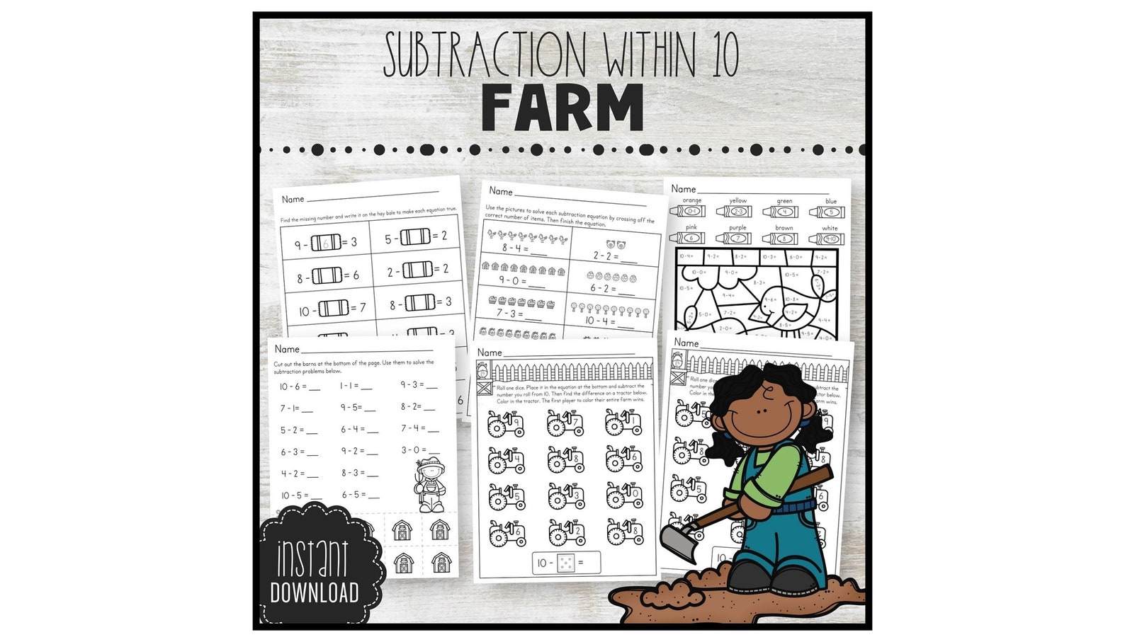 Printable Subtraction Worksheets Farm Theme | Kindergarten Math ...