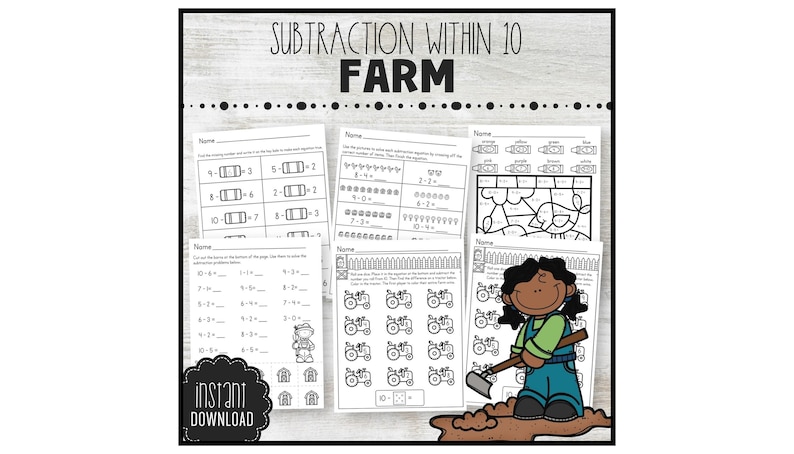 Printable Subtraction Worksheets Farm Theme | Kindergarten Math ...